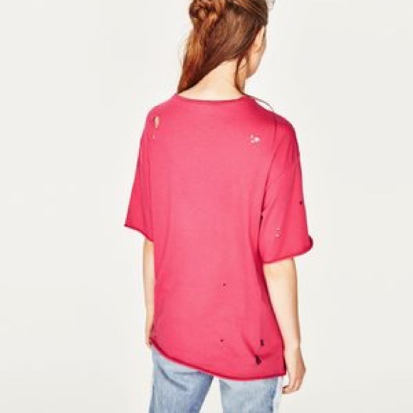 Zara | Tops | Zara Rippeddistressed Pink Tshirt Sz Small Nwt | Poshmark